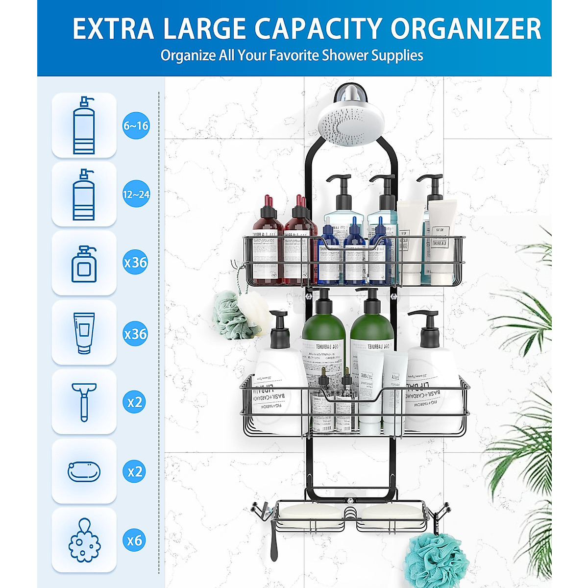 Turfson Hanging Shower Caddy Over Shower Head,Height Adjustable Shower Organizer Hanger Storage Rack Shelf For Inside Rustproof Bathroom Wall Basket With Soap Shampoo Holder Organization Black