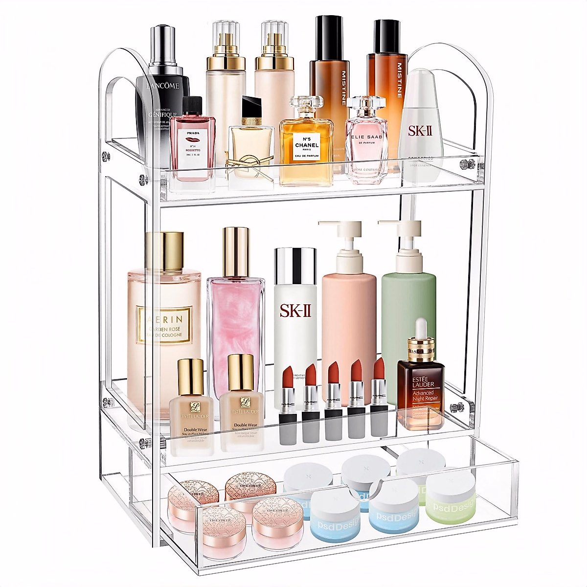WGF 2-Tier Bathroom Counter Organizer with Drawer, Acrylic Bathroom Organizer, Makeup Organizer Countertop, Multi-Purpose Vanity Organizer, Kitchen Organizer, Versatile for Bathroom Vanity Kitchen