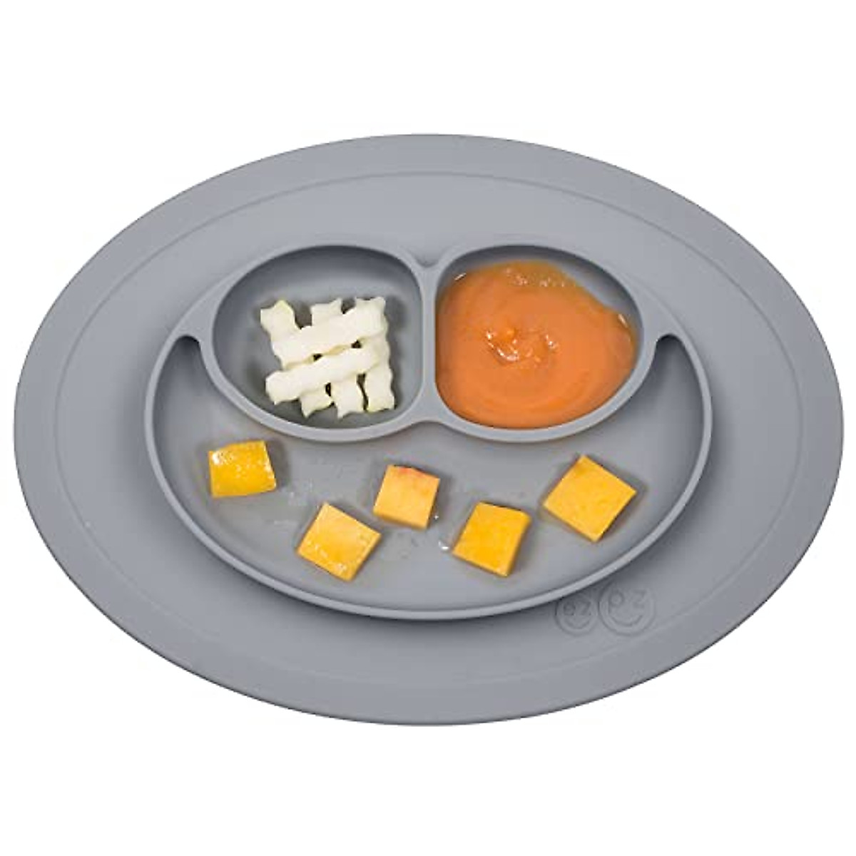 ezpz Mini Mat - 100% Silicone Suction Plate with Built-in Placemat for Infants + Toddlers - First Foods + Self-Feeding - Comes with a Reusable Travel Bag (Gray)