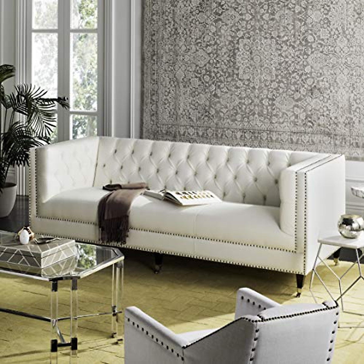 Safavieh Couture Home Miller White Leather and Chateau Brown Tufted Sofa