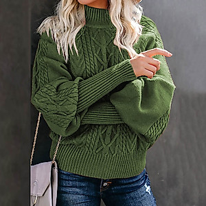 Casual Knitted Sweater Tops for Women Cable Knit Lantern Sleeve High Neck Sweaters Fall Winter Warm Pullover Jumpers Army Green