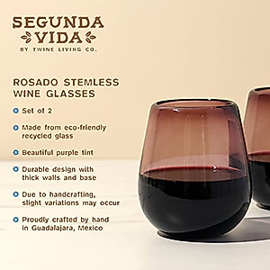 Segunda Vida Rosado Stemless Wine Glasses Set - Hand Blown Colorful Wine Glasses- Purple 100% Recycled Glassware Made in Mexico 13oz Set of 2