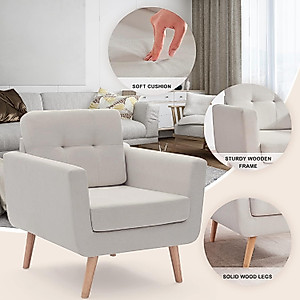 Tbfit Linen Fabric Accent Chairs Set of 2, Mid Century Modern Armchair for Living Room, Bedroom Button Tufted Upholstered Comfy Reading Accent Chair Sofa(Light Beige)