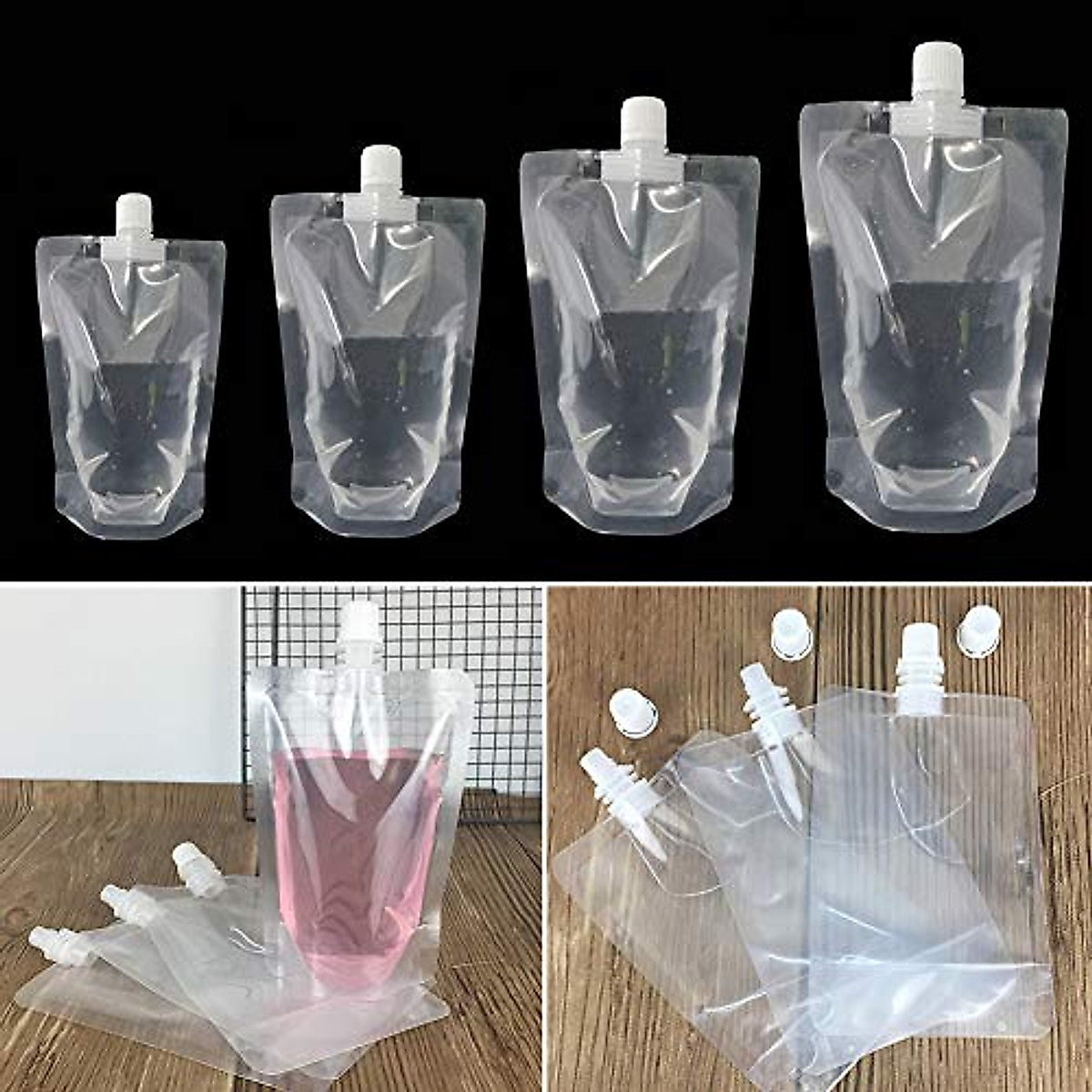 100Pcs Drink Pouches, Drinks Flasks Liquor Pouch Sealing Storage Packaging Bag, Disposable Milk Stand Up with Nozzle, Transparent Drinks Pouch 100 ml/200 ml/250 ml/300 ml