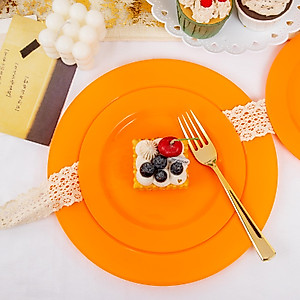 FLOWERCAT 60PCS Orange Plates - Heavy Duty Orange Plastic Plates Disposable for Easter Party - Include 30PCS 10.25inch Orange Dinner Plates and 30PCS 7.5inch Orange Dessert Plates