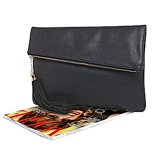 MG Collection Black Clutch Purses for Women Evening or Casual Handbag with Foldover Design, Zipper and Decorative Tassel