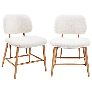 ONEVOG Modern Accent Chair, Ivory White Upholstered Dining Chairs Set of 2, Short Plush Fabric, Armless Dining Chair with Backrest, Sherpa Chair for Dining Room, Living Room, Wood Grain Metal Legs