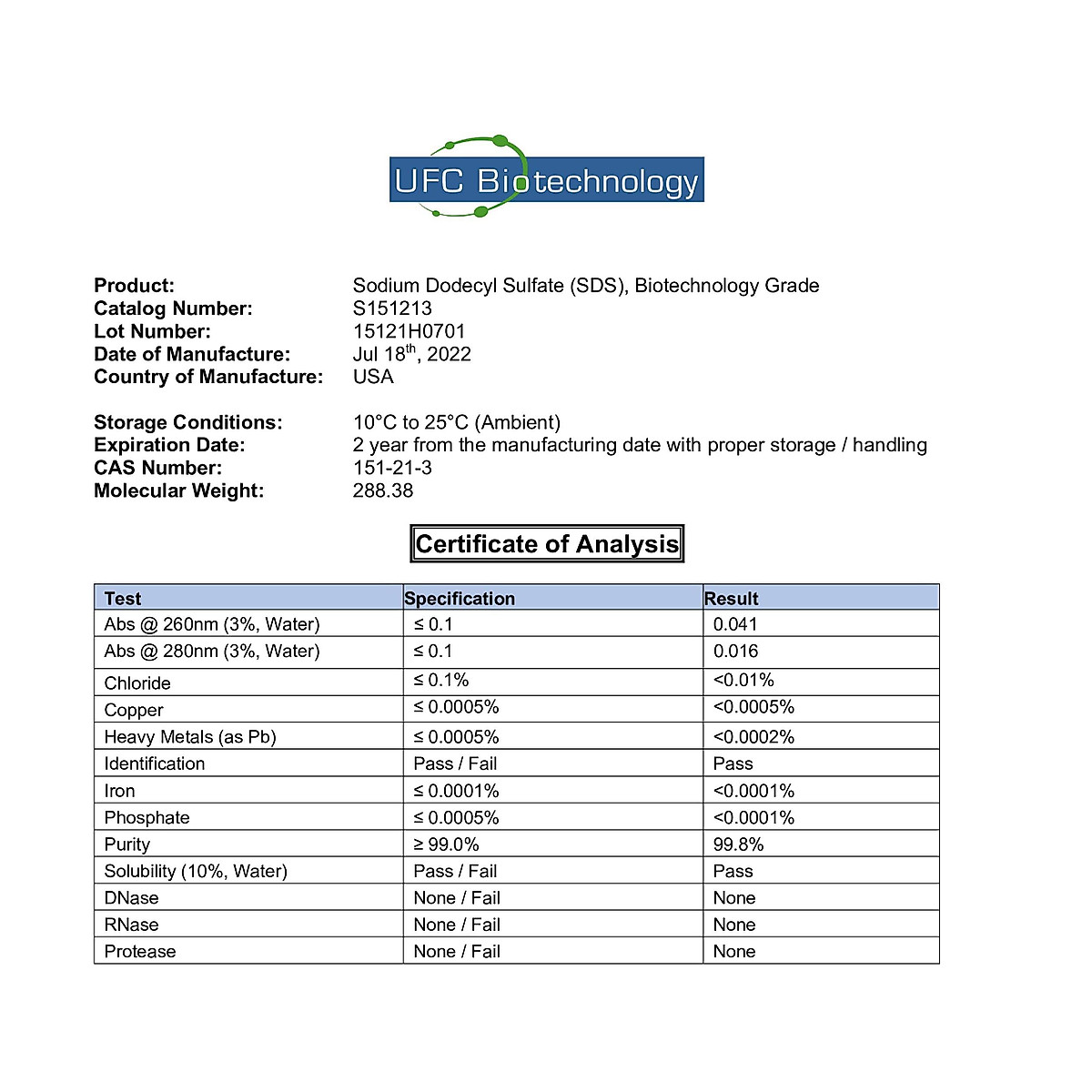 Sodium Dodecyl Sulfate (SDS) 99+% - Biotechnology Grade 100g