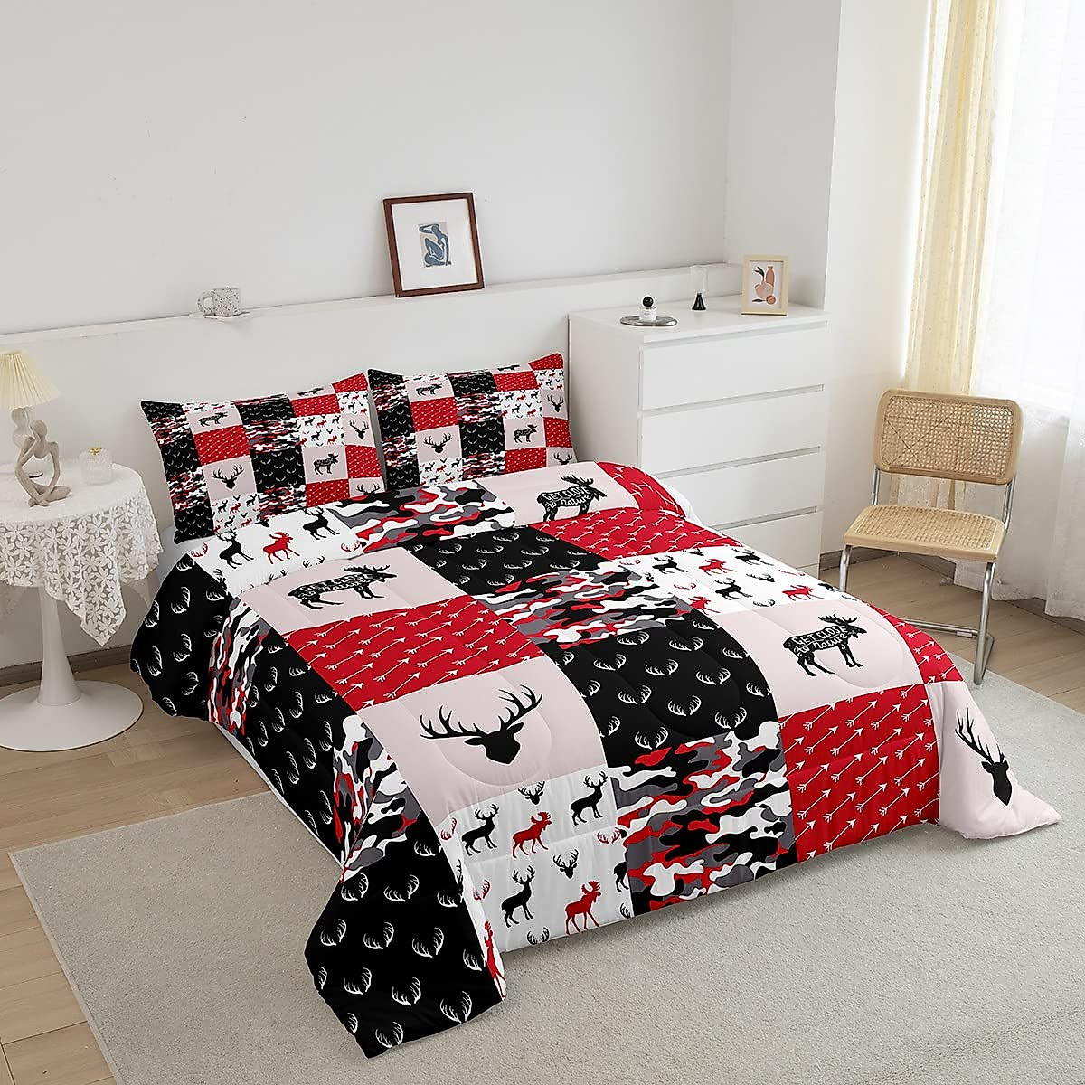 Erosebridal Boys Camo Comforter Set, Deer Silhouette Bedding Set Twin for Kids Teens Adult, Black White Red Camouflage Quilted Comforter Antlers Grid Checkered Down Comforter with 1 Pillow Case