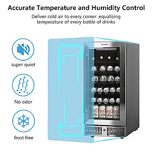 Beverage Refrigerator,ROCSUMOO15 Inch Beverage Refrigerator, 130 Cans Quiet Beverage Fridge, 15'' Beverage Cooler Under Counter with Glass Door and Lock for Built-in