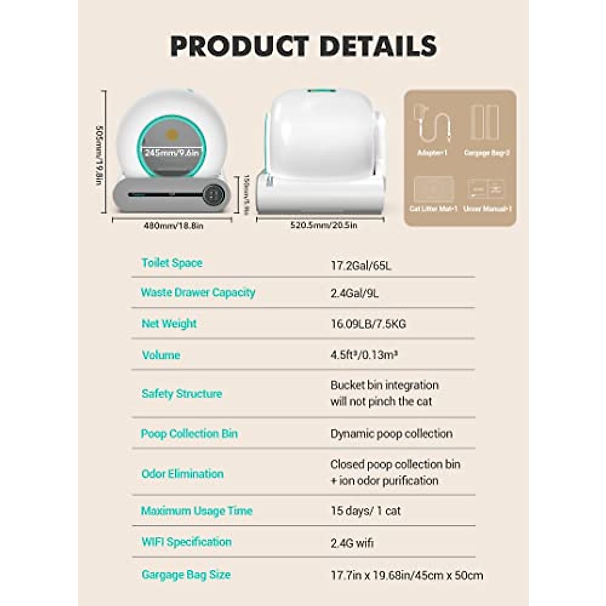 Famree Smart Self-Cleaning Cat Litter Box,Automatic Cat Litter Cleaning Robot with 65L+9L Large Capacity/APP Control/Ionic Deodorizer for Multiple Cats【2023 New Structure】, Turquoise Green