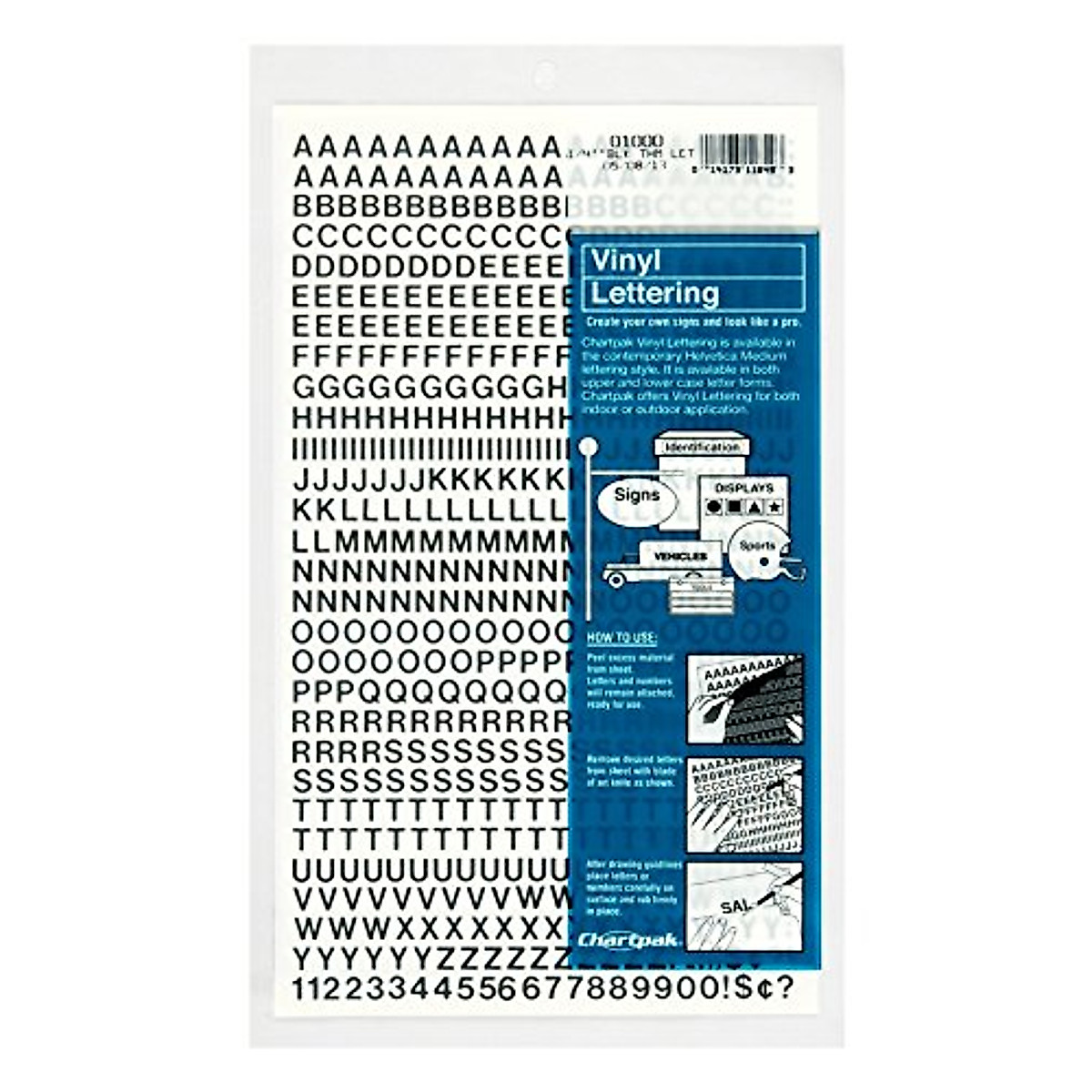 Chartpak Press-On Vinyl Letters and Numbers, Self Adhesive, Black, 0.25"h, 610/Pack