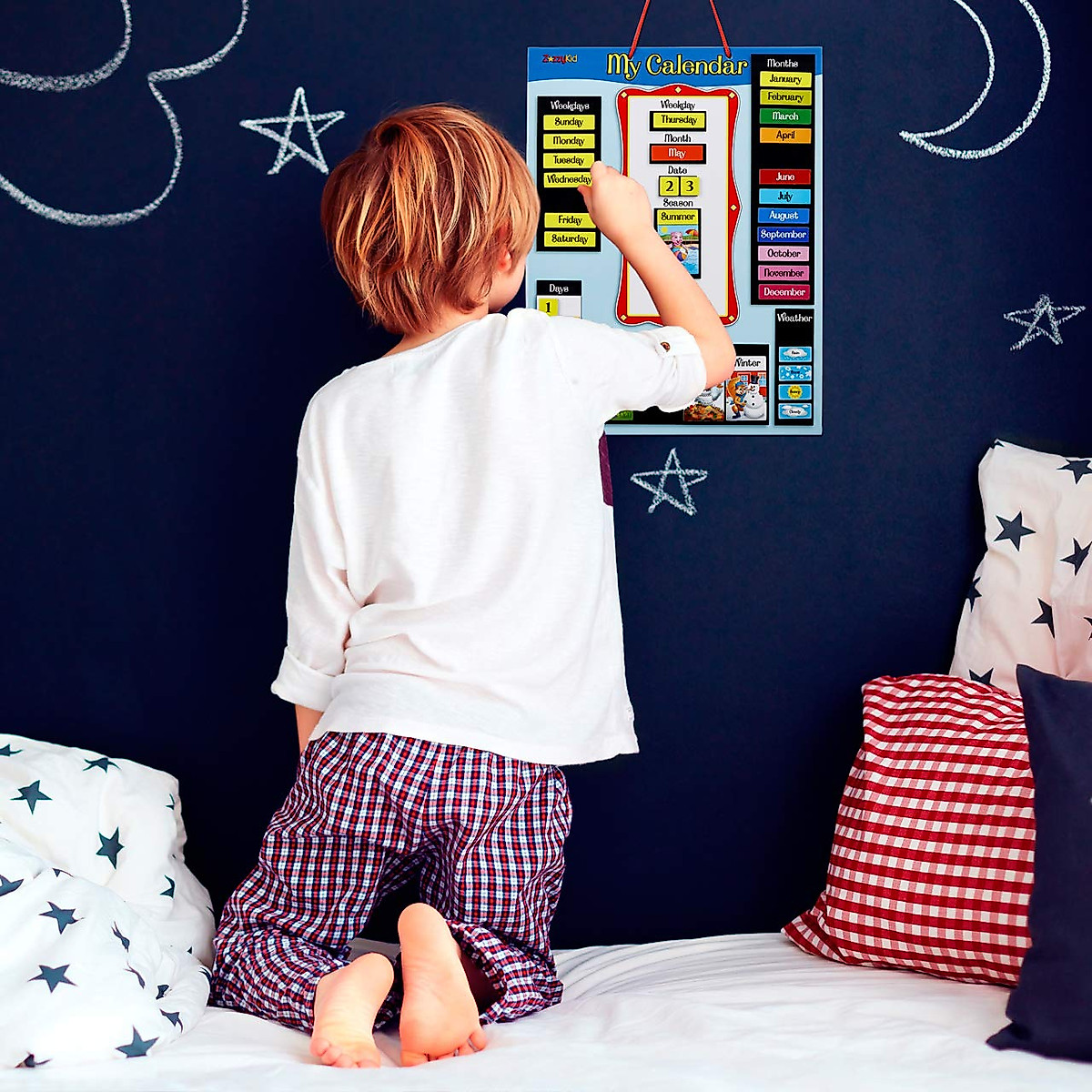 ZazzyKid Magnetic Calendar & Weather Chart for Kids - Preschool Daily Calendar Learning for Days of the Week, Months, Weather & Season Blue