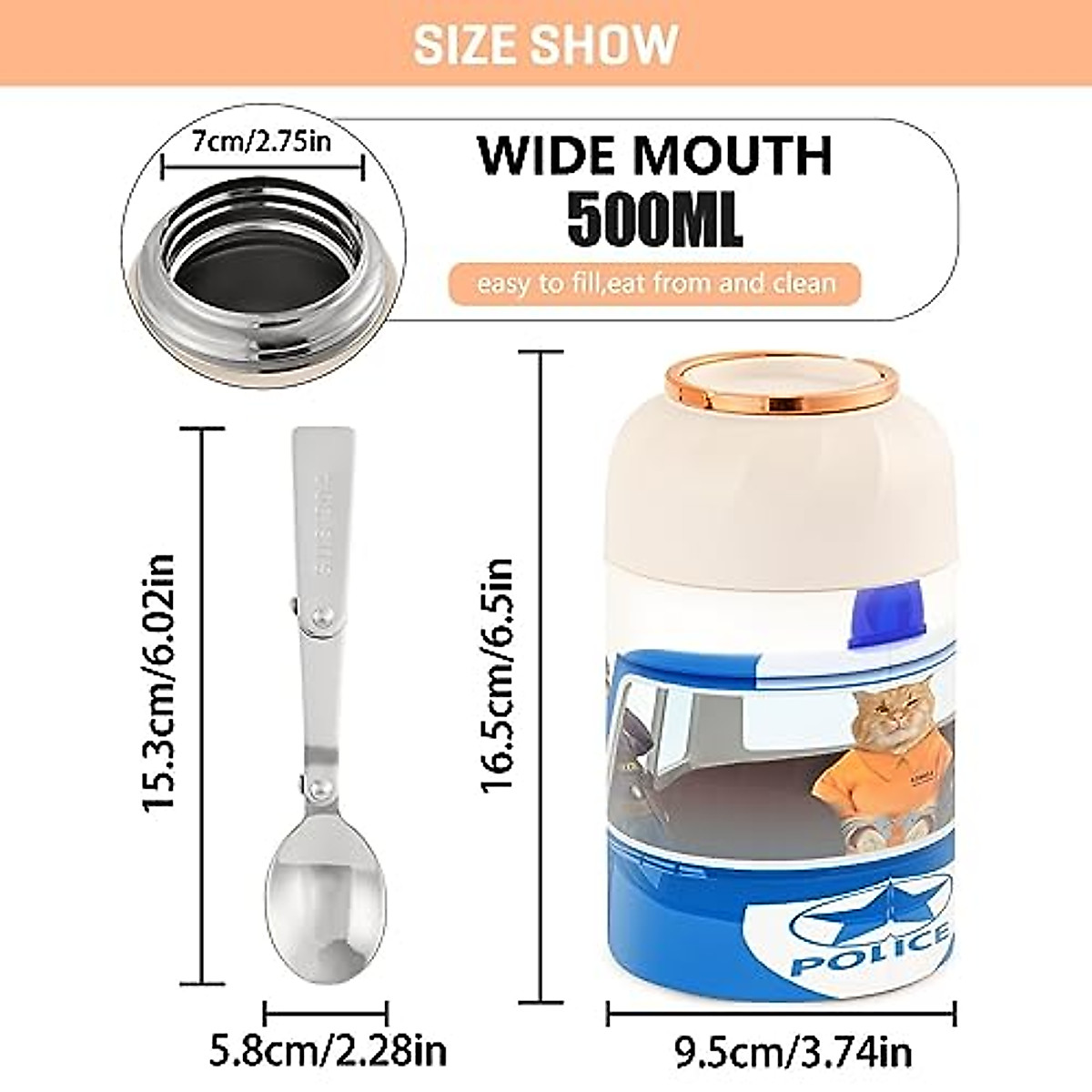 CUPADA Police Cats Funny Food Jar, 3d Cute Kitten Insulated Hot Food Jars Vacuum 17OZ with Folding Spoon for Work Trip Picnic Camping