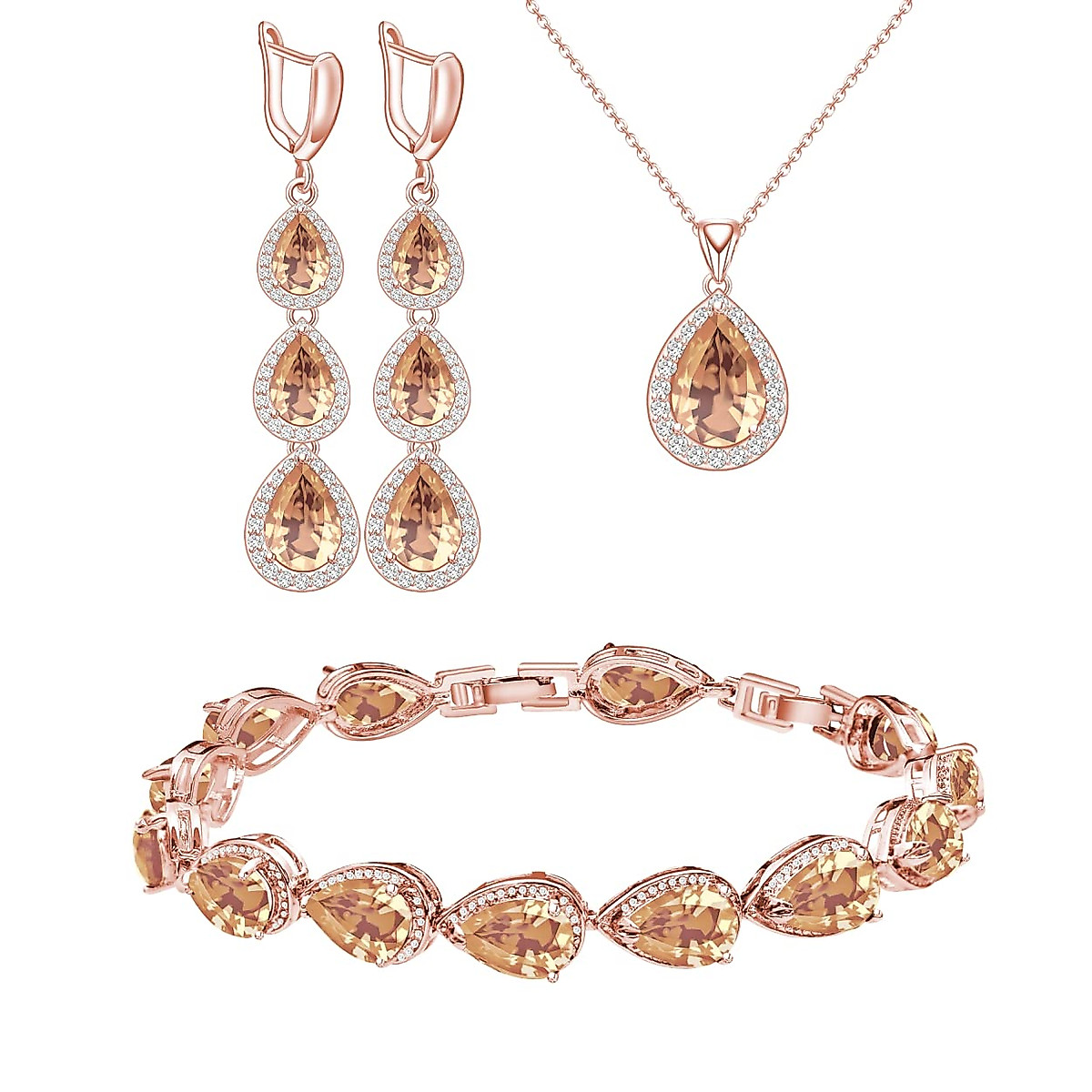 LMXXVJ Rose Gold Plated Necklace Long Earrings Bracelet Jewelry Set,Teardrop Champagne Cubic Zirconia Women's Jewelry Sets Prom Wedding Birthday/Anniversary Mother’s Day Jewelry Gifts
