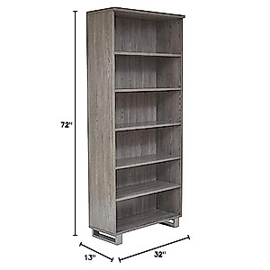 Unique Furniture Modern Zelma 5-Shelf Bookcase with Adjustable Shelves, Metal Frame Base, Freestanding for Office, Living Room, Bedroom, Library, Study Room, 13 x 32 x 72 in., Grey