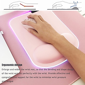 RGB Mouse Pad with Wrist Support, LED Mouse Pad with 13 Lighting Modes, Anti-Slip Rubber Base, Pain Relief Computer Ergonomic Mouse Pad for Gaming, Office, Home, 11.8 x 8.5 in (Pink)