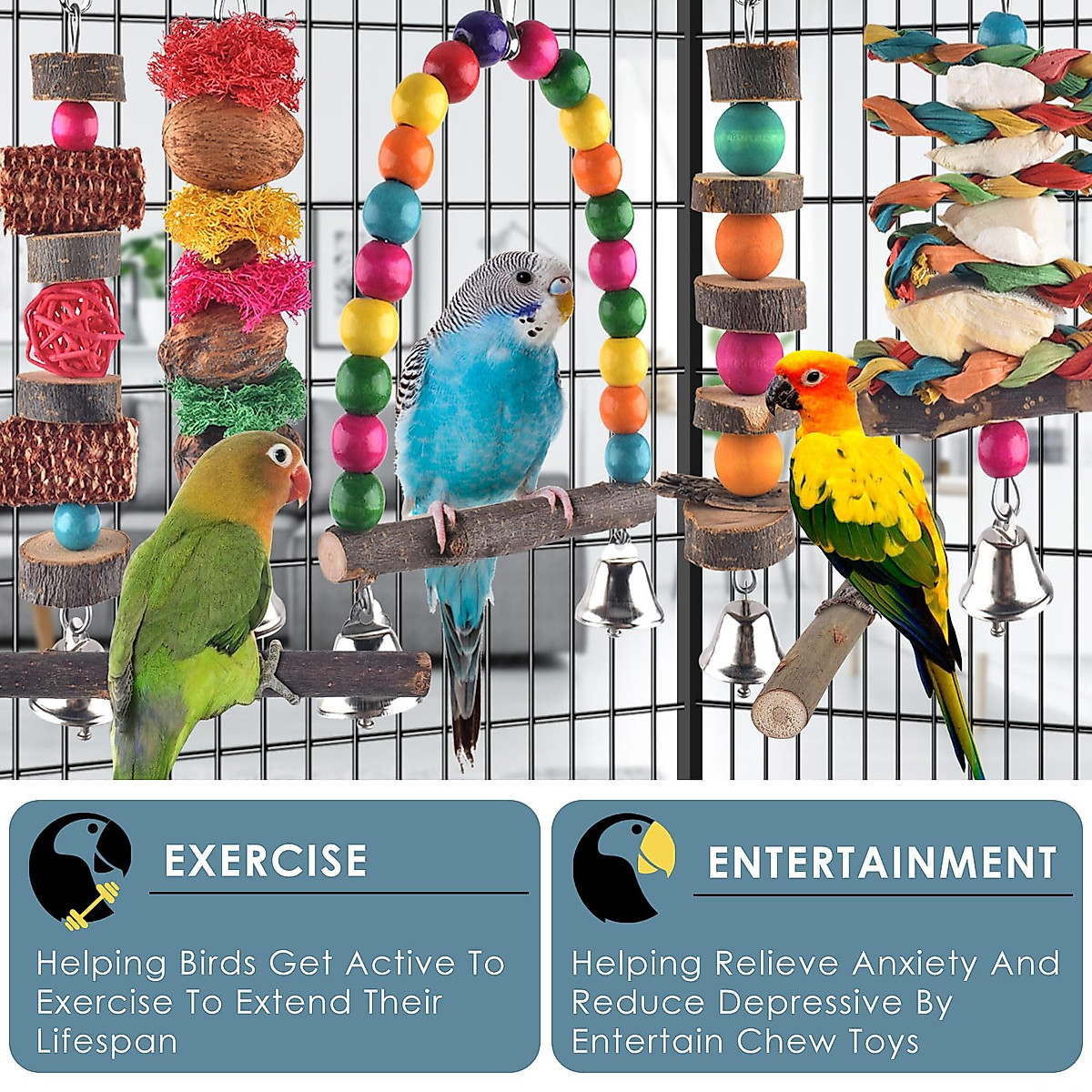 Bissap Bird Chew Toys, 7 Packs Parakeet Natural Wood Toys Parrot Hanging Cage Toy Bird Perch Stand for Small Bird Conure Cockatiel Parrotlet Lovebird Budgie
