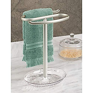 mDesign Steel Fingertip Towel Rack Stand with Base Tray - Towel Holder, Towel Bar for Bathroom, Kitchen, Powder Room - Holds Hand Towel, Washcloths - Rain Collection - Clear/Satin