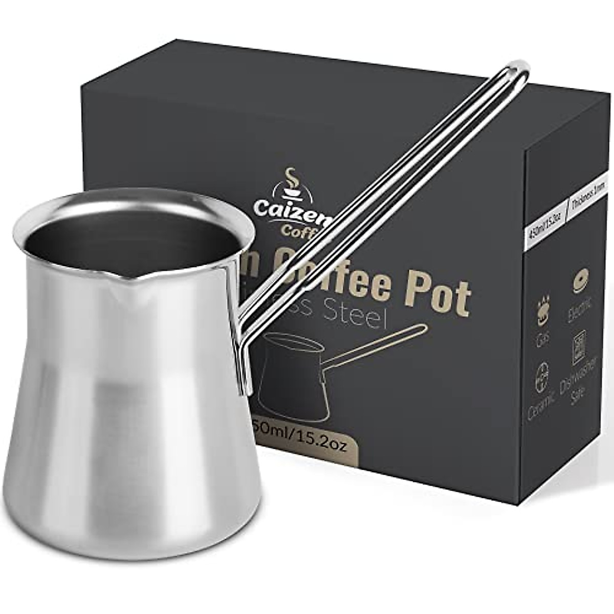 Caizen Coffee Quality Turkish Coffee Pot - Turkish Coffee Maker, Chai Pot, Arabic Coffee Pot, Briki Greek Coffee Pot, Greek Briki, Cezve, Ibrik (15oz)