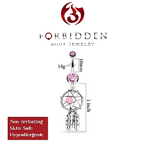 Forbidden Body Jewelry Surgical Steel Double Jeweled Dream Catcher Feathers Dangle Belly Button Ring (Pink)