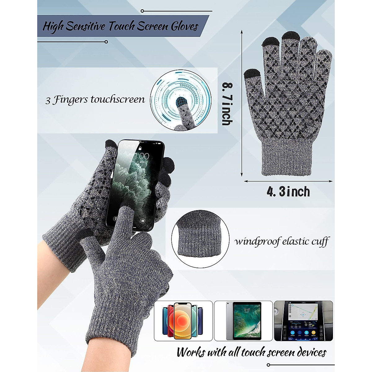 SATINIOR 6 Pieces Winter Warm Knit Beanie Hat Touchscreen Gloves Scarf Set Fleece Lining Skull Caps Neck Scarves, Black, Gray, One Size