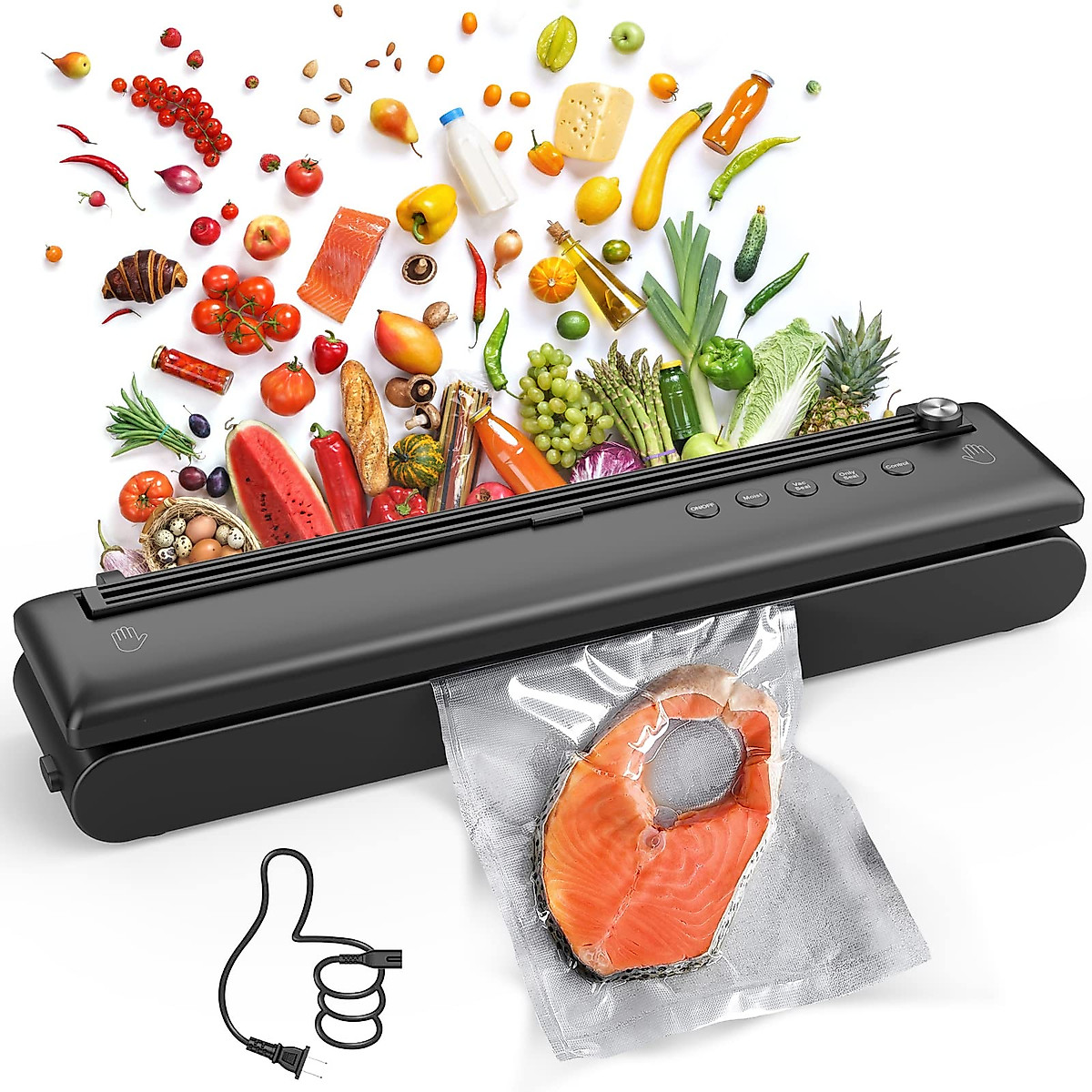 BEYUAM Vacuum Sealer Machine: Upgraded 5 in1 Food Vacuum Sealer with Dry&Moist Modes, LED Indicator Lights, Compact Design, Includes 15PCS Vacuum Seal Bags,1 Air Suction Hose, 1Cutter