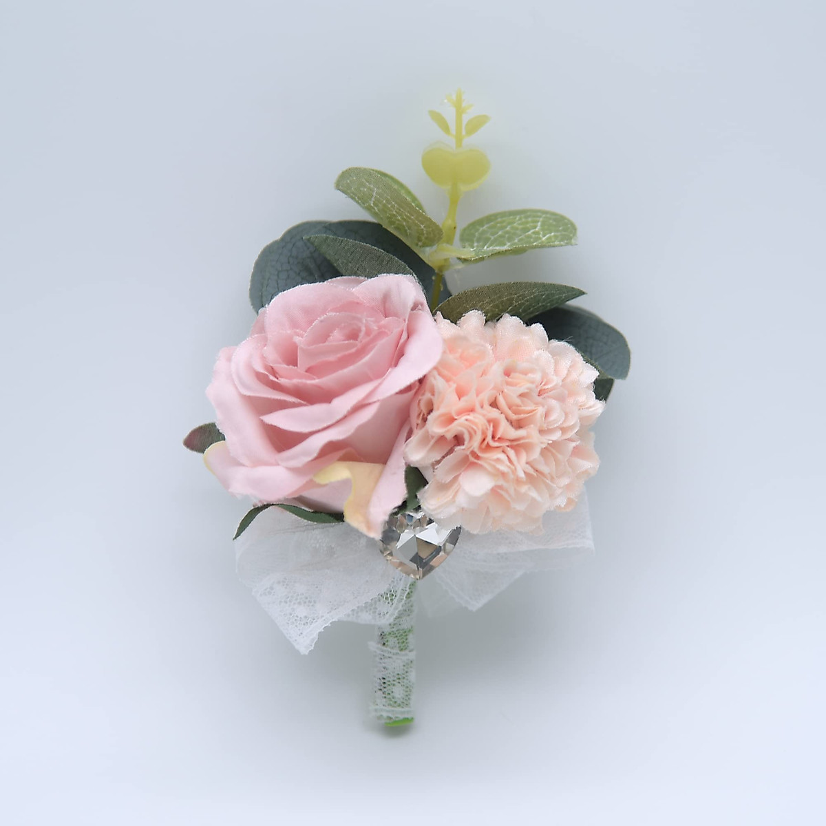 ETERNAL ANGEL Boutonniere and Corsage Wristlet Bracelet Set with Pink Artificial Rose Eucalyptus Leaves for Groom Bride Groomsmen Bridesmaids Best Men at Wedding Party Prom