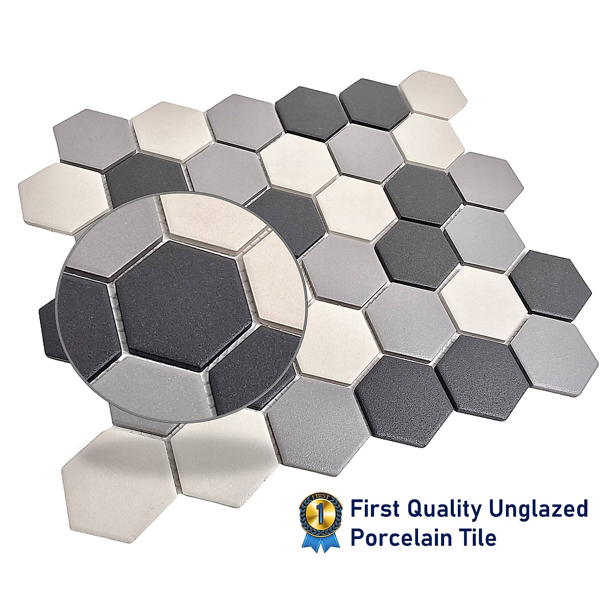 Matte Unglazed 2 Inch Mix Grey Blend Honeycomb Hex 2x2 Gray Porcelain Mosaic Floor Wall Tile Backsplash for Kitchen Bathroom Shower, Accnt Decor, Fireplace, Flooring (Box of 10 Sheets) (Mid Grey)