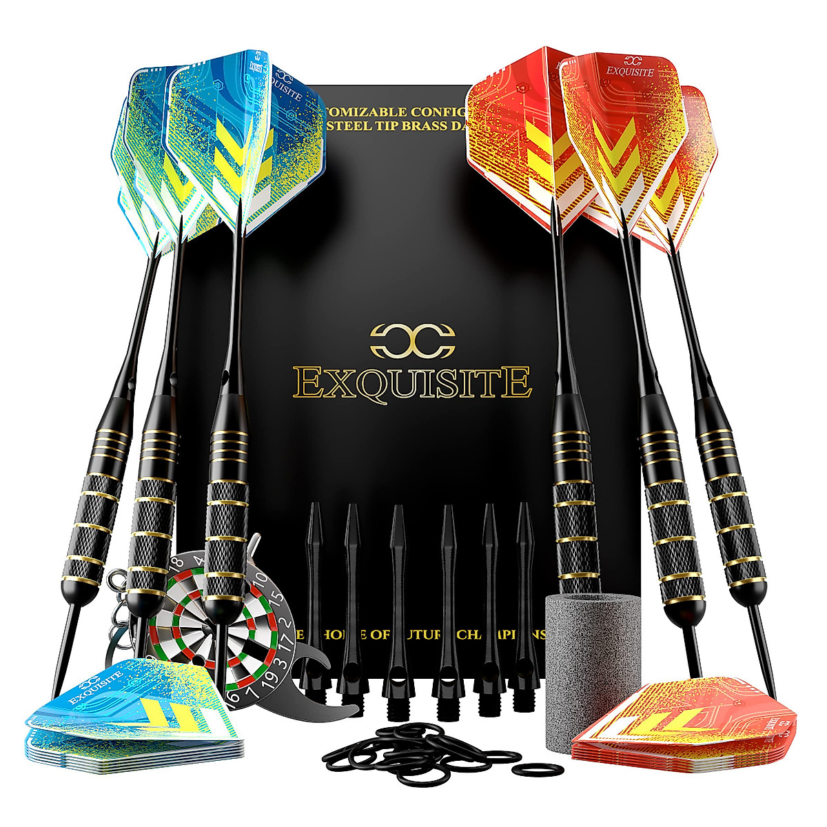 CC-Exquisite Professional Steel Tip Darts Set - 6 x 22g Brass Barrels with 12 Flights Standard/Slim, 12 Aluminum Shafts 35/48mm, 12 O-Rings, Dart Tool (‎Black - Luminary 18g/22)