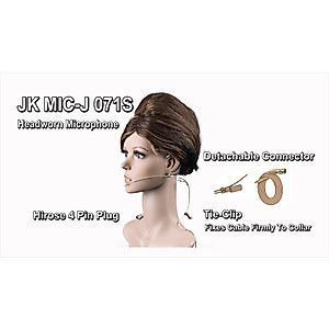J K Professional Headset Headworn Earhook Microphone MIC-J 071S Compatible with Audio Technica Wireless Transmitters - Hirose 4pin Detachable Plug