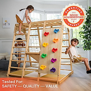 Avenlur Magnolia Indoor Playground 6-in-1 Jungle Gym Montessori Waldorf Style Wooden Climber Playset Slide, Rock Climbing Wall, Rope Wall Climber, Monkey Bars, Swing for Toddlers, Children Kids 2-6yrs