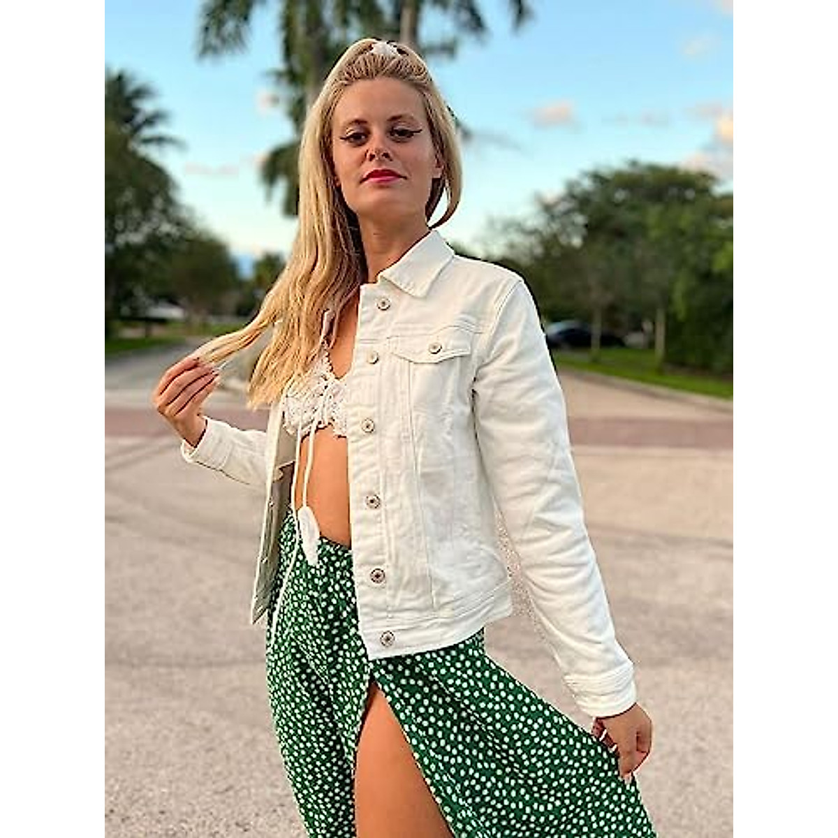 luvamia Women's Casual Denim Jacket Stretch Long Sleeve Button Down Basic Jean Trucker Jacket White Size Medium