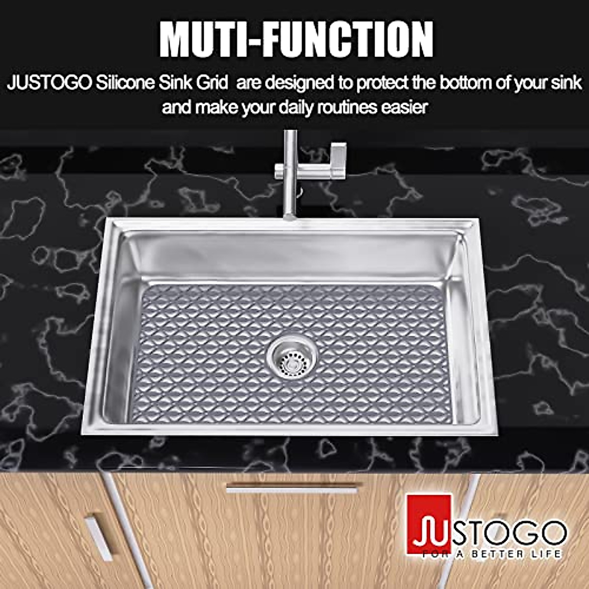 JUSTOGO Sink Protectors for Kitchen Sink, Center Drain Kitchen Sink Protector Grid Accessory 28.3''x 15.6'', Folding Sink Mats Grates for Bottom of Farmhouse Stainless Steel Porcelain Sink (1 PCS)
