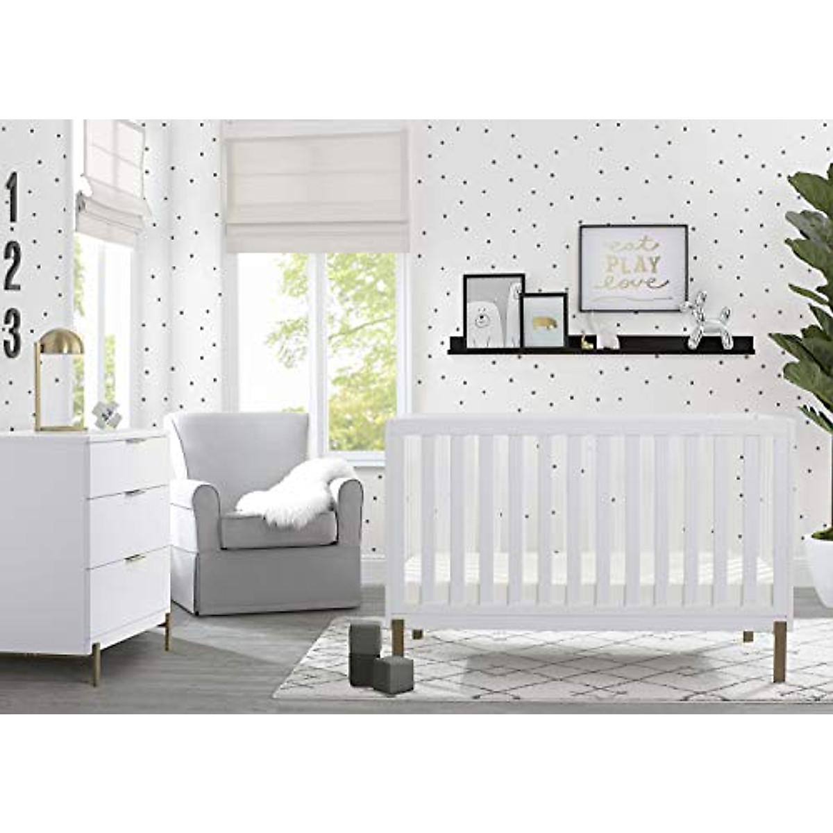 Delta Children Hendrix 4-in-1 Convertible Crib, Greenguard Gold Certified, Bianca White/Bronze