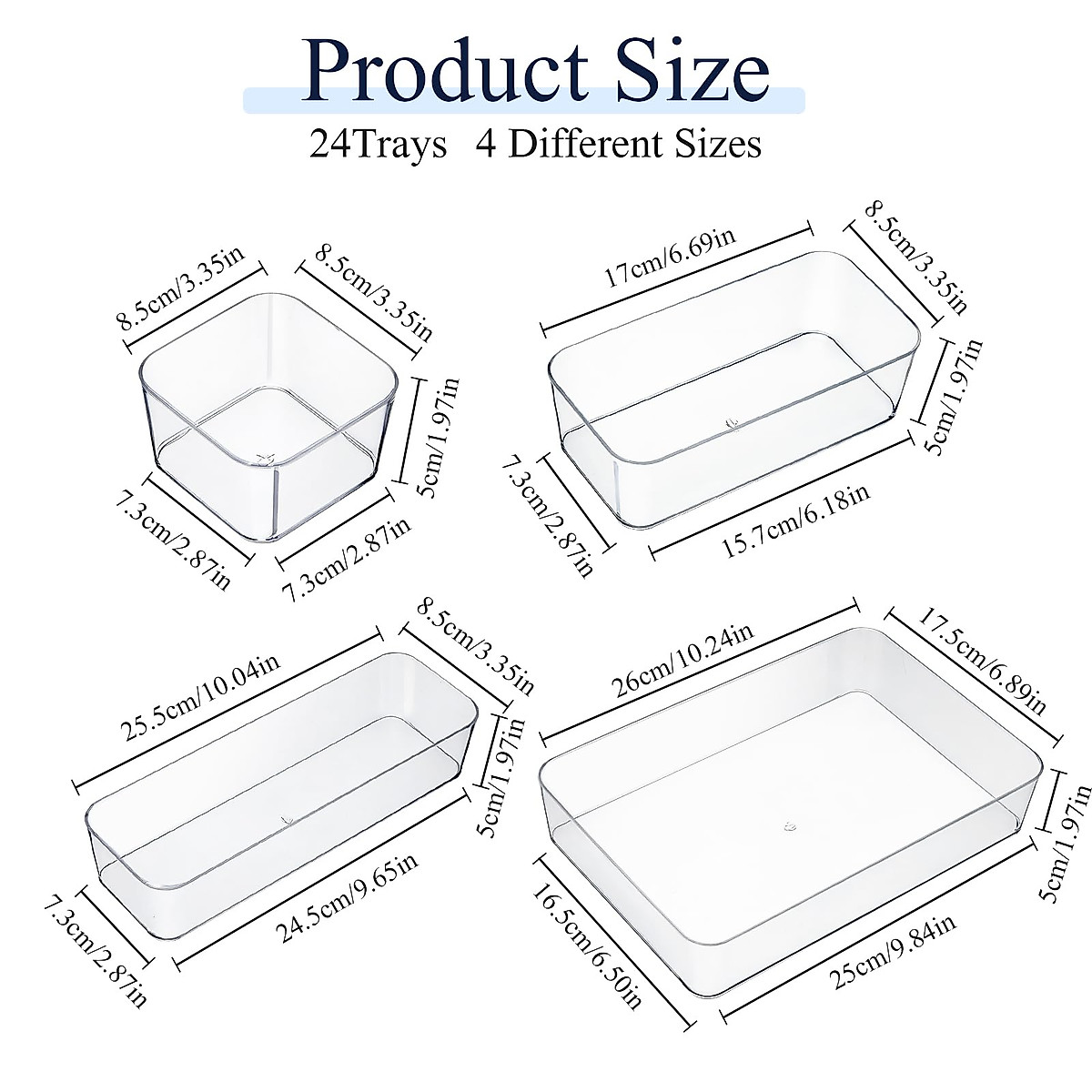 Teenyyou 30 Pcs Clear Plastic Drawer Organizer Set Include 10oz 12oz Cotton Swab Ball Holder 24 Pcs Stackable Desk Drawer Organizer Trays for Makeup