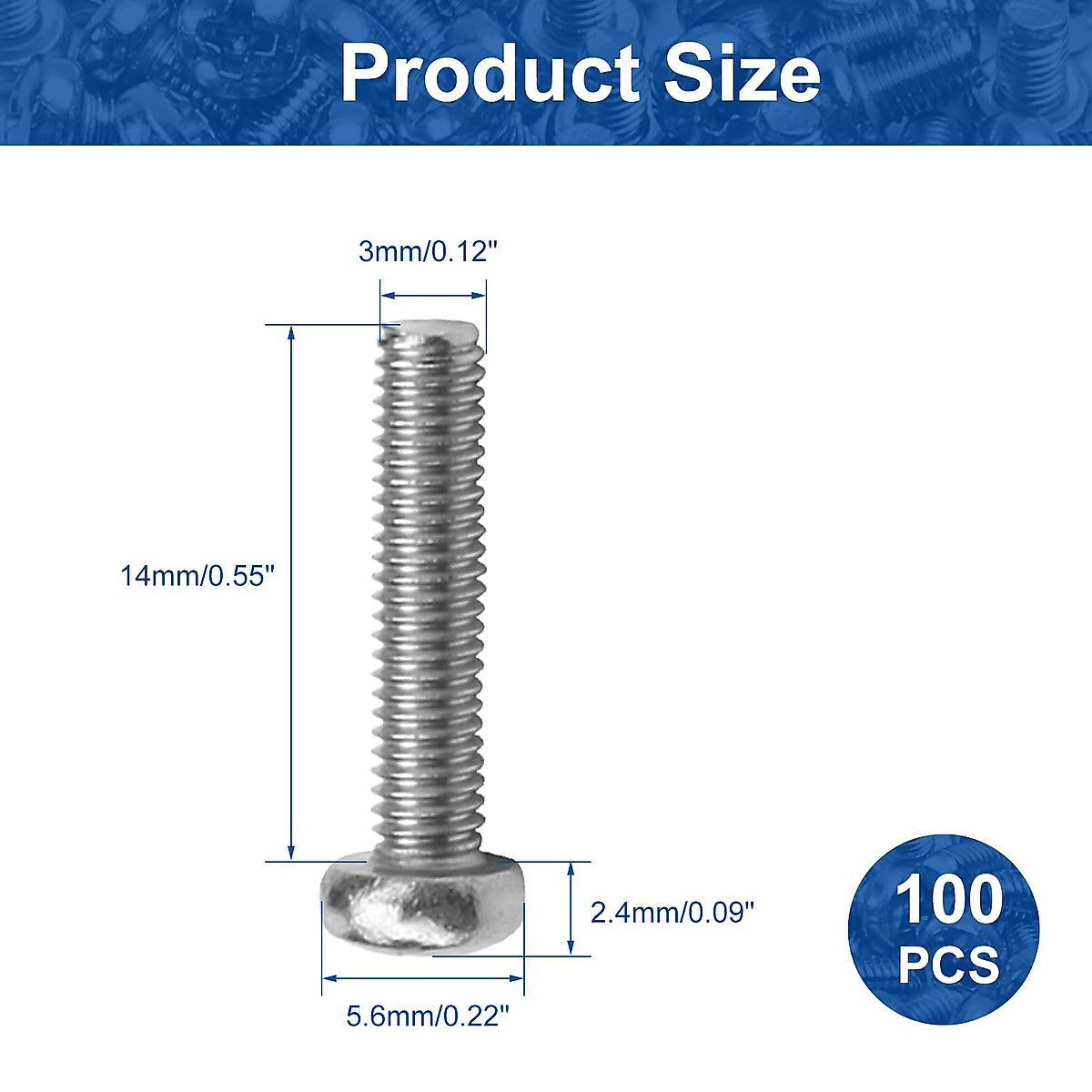 MroMax 100Pcs M3 x 14mm Pan Head Phillips Machine Screws, 304 Stainless Steel 18-8, Fully Thread, Metric Silver Gray Cross Head Screws Bolts for Computers, Camera and Other Small Electronic Devices