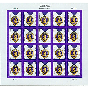 USPS Purple Heart and Ribbon with Frame, The Medal for The Combat Wounded (Sheet of 20) Postage Forever Stamps 2019 Scott #5419