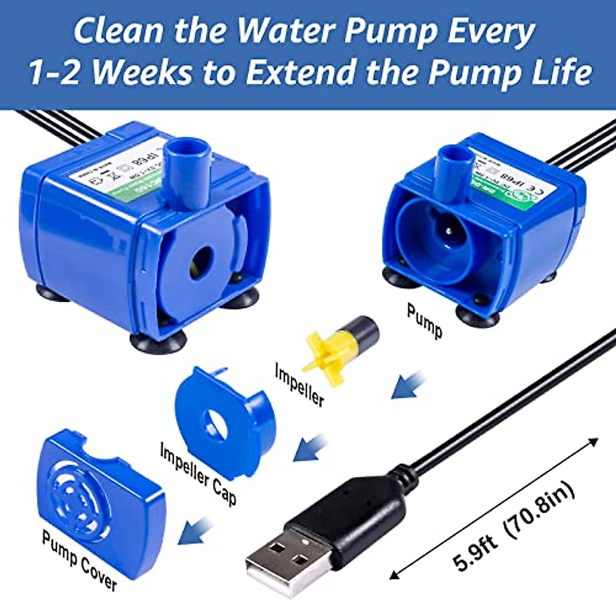 Cat Water Fountain Pump, Pet Fountain Pump Replacement DR-DC160, Automatic Power Off fountain pump of Cat Fountain Water Bowl Inside with LED Light Reminder and 6ft Long Power Cable