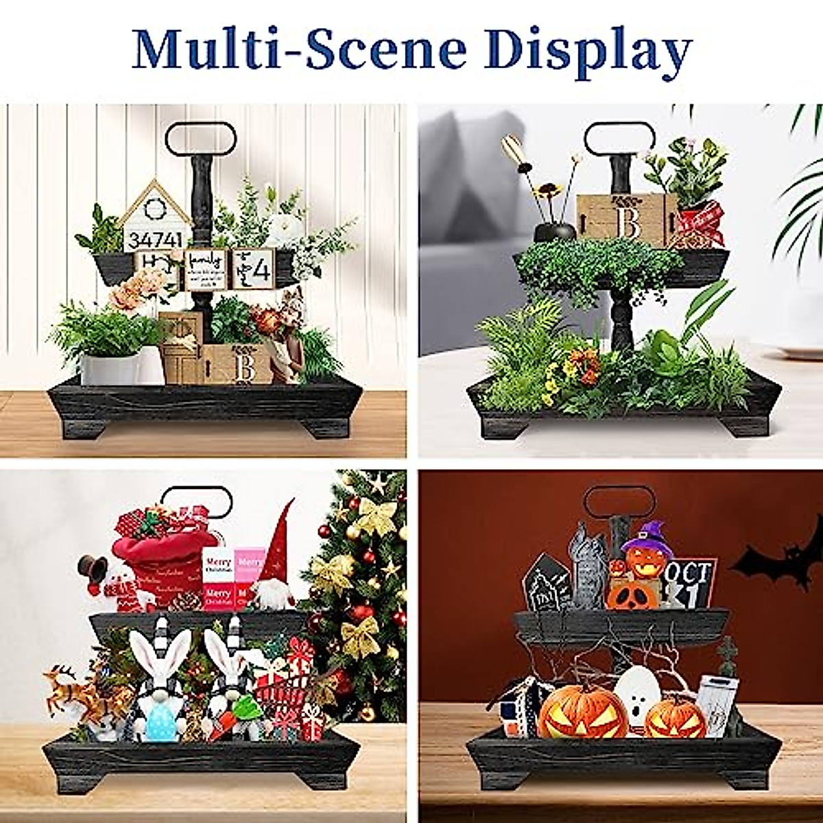 Tiered Tray Decor 2 Tier Wooden Tray Stand Decorative Serving with Metal Handle Farmhouse Two Tiered Tray-Rustic Rectangular Tiered Tray Tiered for Kitchen Table Decor Serving Tier Tray Decoration