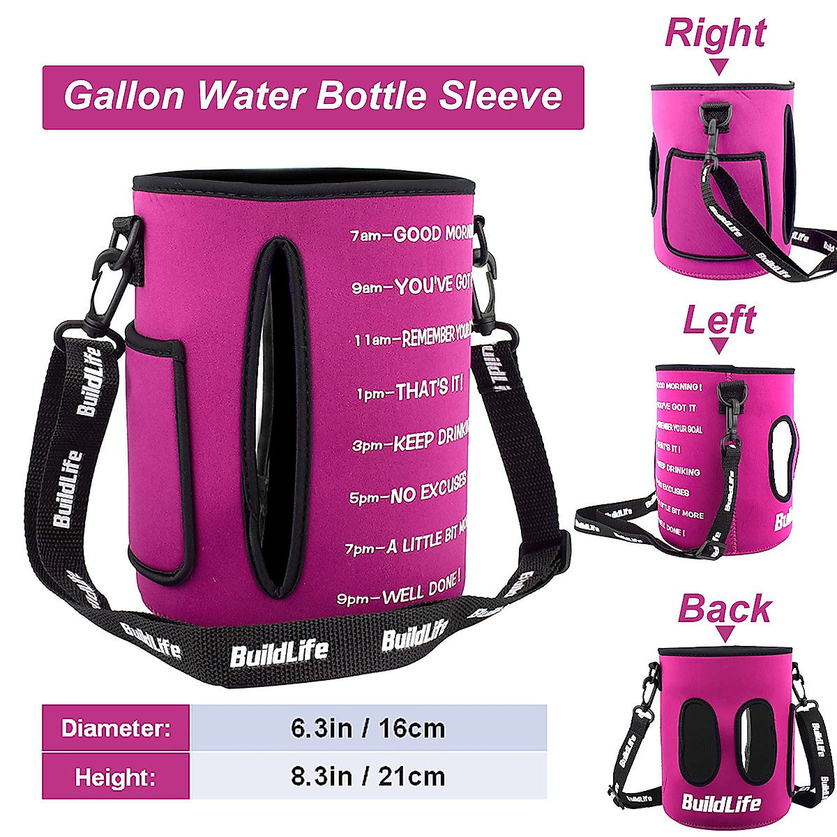 BuildLife Gallon Water Bottle Sleeve with Time Marker & Adjustable Shoulder Strap for Measuring Your H2O Intake (No Bottle) (Purple, 1 gallon)