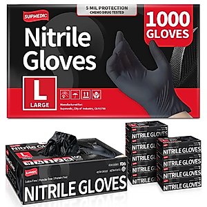 Supmedic Black Nitrile Exam Glove, 5 mil Powder-Free Latex-Free Disposable Medical Gloves, Case of 1000 Pcs (Large)