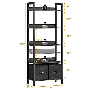 Furologee 5-Tier Bookshelf, Tall Bookcase with 2 Storage Drawers, Industrial Display Standing Shelf Units, Wood and Metal Storage Shelf for Living Room, Bedroom, Home Office, Black Oak