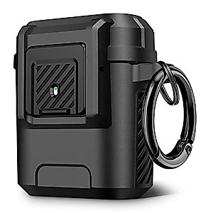 Youtec Compatible with Airpods 2&1 Case Cover with Cleaner Kit, Military Hard Shockproof Airpods Case Cover Protective Case with Automatic Secure Lock & Keychain（10 in 1） (Black-1)