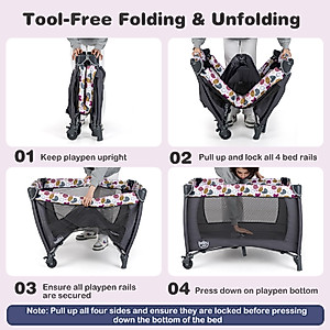 BABY JOY 5 in 1 Pack and Play, Portable Baby Playard w/Bassinet & Diaper Changing Table, Infant Nursery Center Pink Bassinet with Toys & Music & Oxford Bag for Baby Girl Toddlers (Rose, Dot Circle)