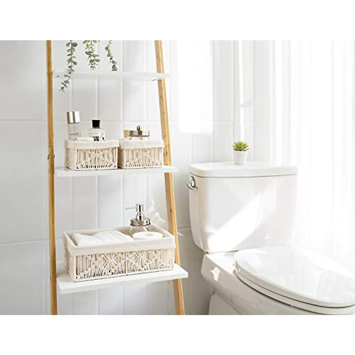 Mkono Macrame Storage Baskets Decor with Removable Cloth Liner Boho Storage Bins Handmade Woven Decorative Countertop Shelf Cabinet Organizer for Bedroom Nursery Living Room, Set of 3