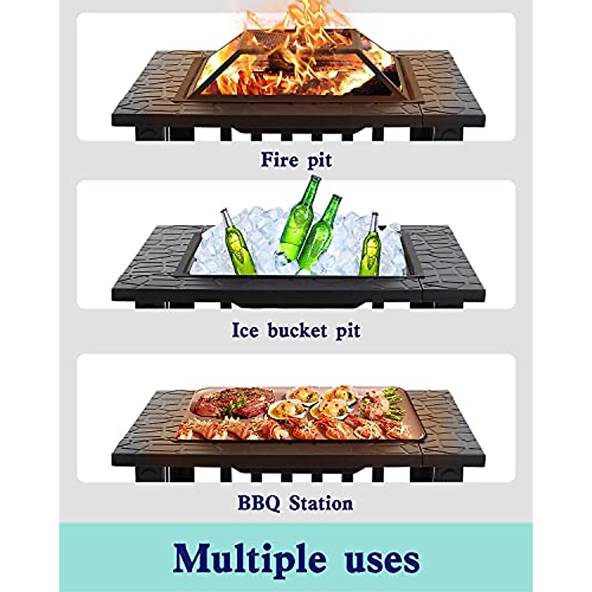 Fire Pit 32in Square Metal Firepit Patio BBQ Fireplace with Charcoal Rack Mesh Cover Poker for Camping Bonfire Picnic Outdoor Heating