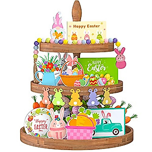 15Pcs Easter Tiered Tray Decor, Lucomb Easter Decorations Happy Easter Wood Signs Truck Full of Eggs, Farmhouse Signs Carrot Egg Bunny Decor for Easter Day Home Farmhouse Rustic Spring Decorations