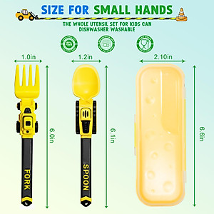 Construction Toddler Utensils - Reusable Plastic Toddler Fork and Spoon & Storage Case - Suitable for Kids Utensils - Dishwasher Safe - Portable Utensils Set for 1 2 3 4 5 year old Toddlers