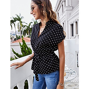 Womens Button Down Blouses Casual Peplum Summer Tops Dressy Chiffon Work Blouse Polka Dot Black Large
